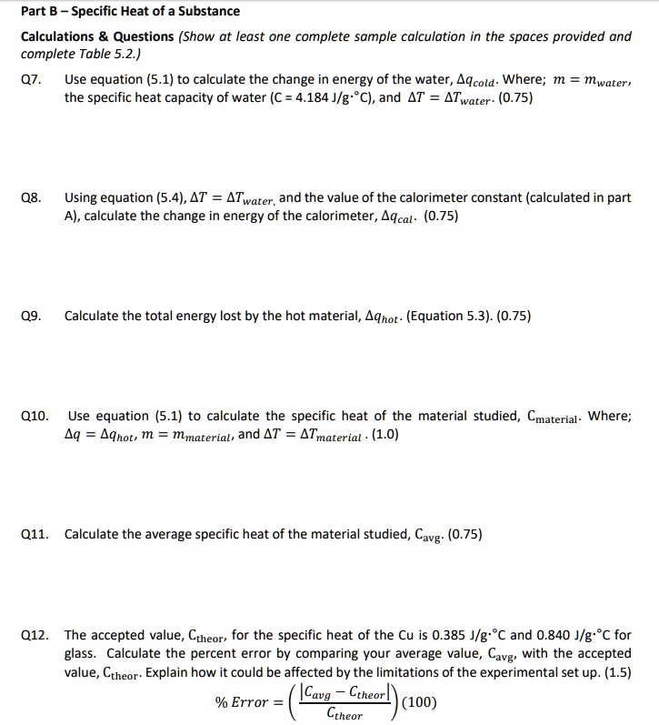 SOLVED: Part B Specific Heat of a Substance Calculations Questions ...