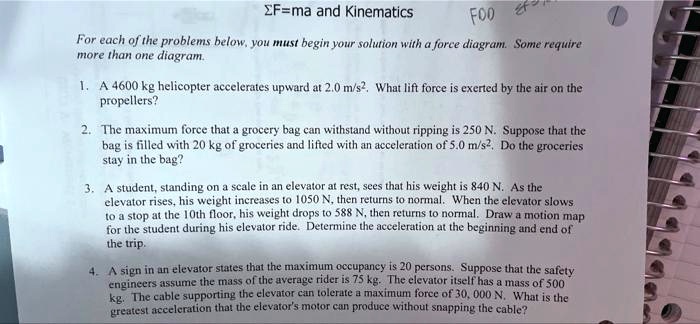 Σ F = ma and Kinematics For each of the problems below, you must begin ...