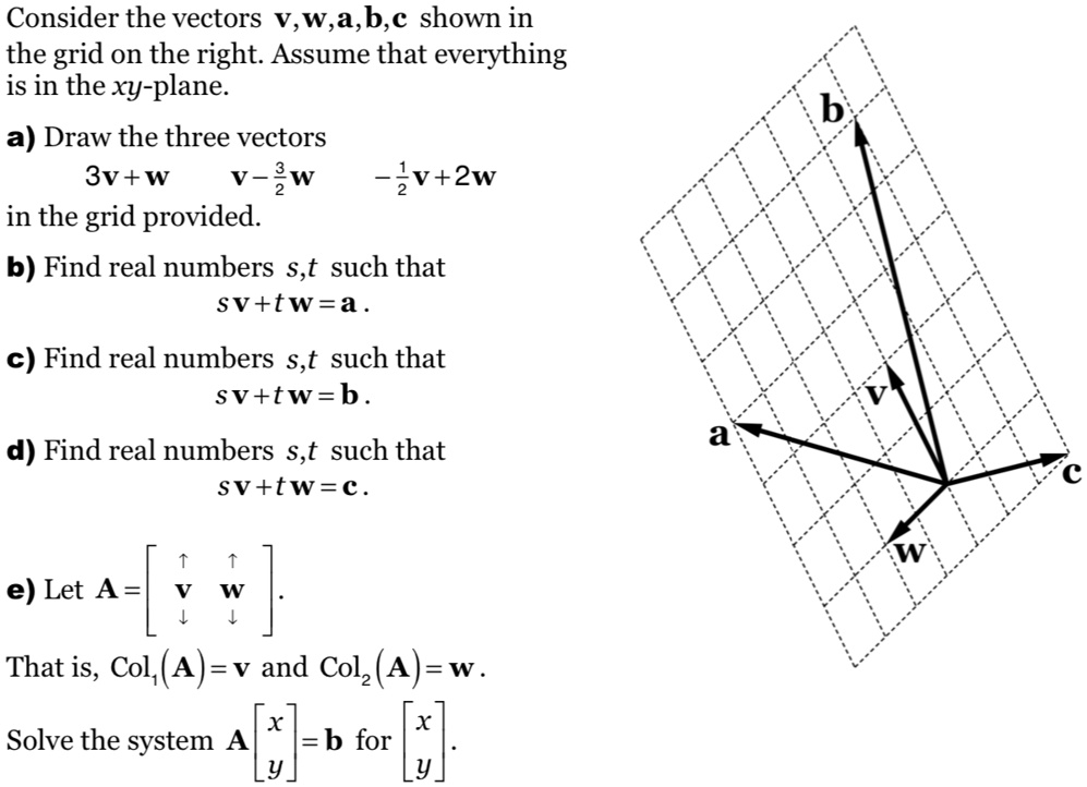 SOLVED:Consider the vectors V,W,a,b,c shown in the grid on the right ...