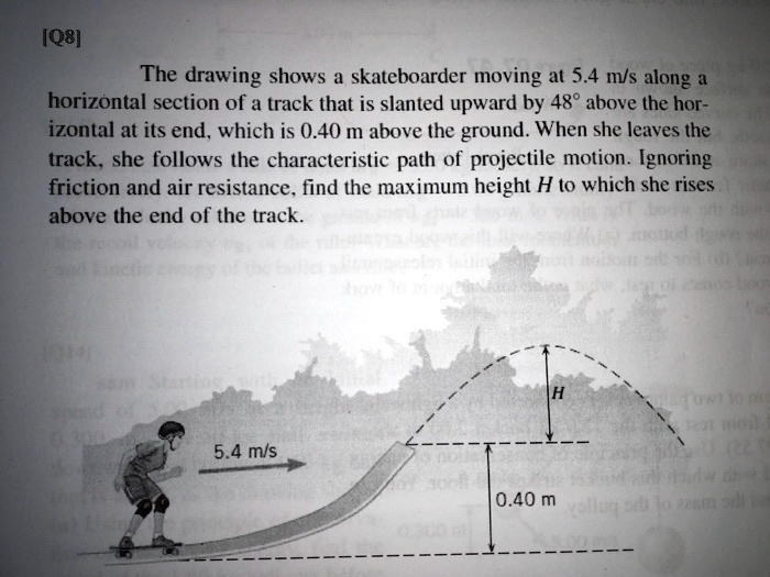 The drawing shows a skateboarder moving at 5.4 m/s along a horizontal ...
