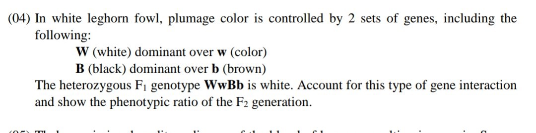 (04) In white leghorn fowl, plumage color is controlled by 2 sets of ...