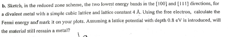 b. Sketch, in the reduced zone scheme, the two lowest energy bands in ...