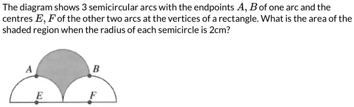 The diagram shows 3 semicircular arcs with the endpoints A, B of one arc and the centres E, F of ...
