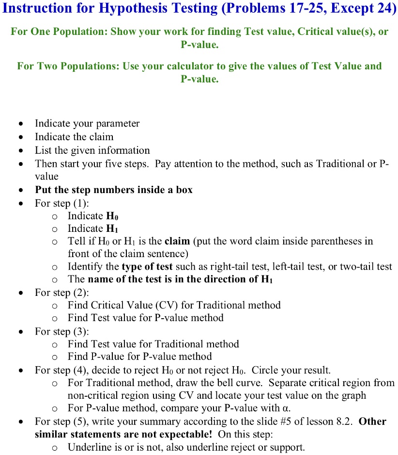 Instruction for Hypothesis Testing (Problems 17-25, Except 24) For One ...