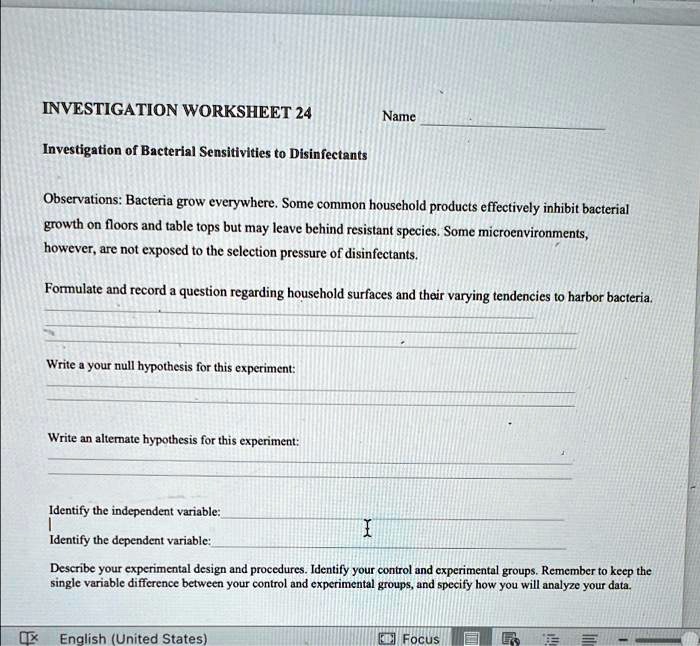 INVESTIGATION WORKSHEET 24 Investigation of Bacterial Sensitivities to ...