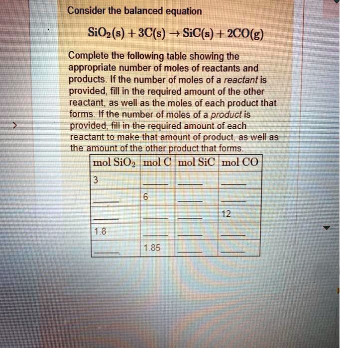 SOLVED: Consider the balanced equation SiO2(s) + 3C(s) SiC(s) + 2CO(g) Complete the following ...