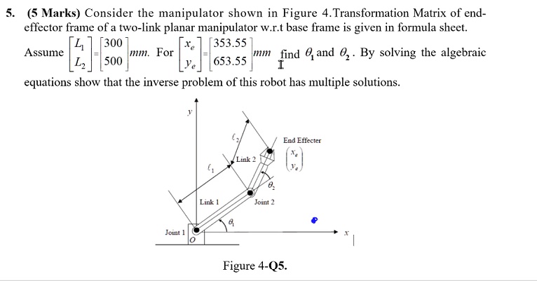 SOLVED: (5 Marks) Consider the manipulator shown in Figure 4. The Transformation Matrix of the ...