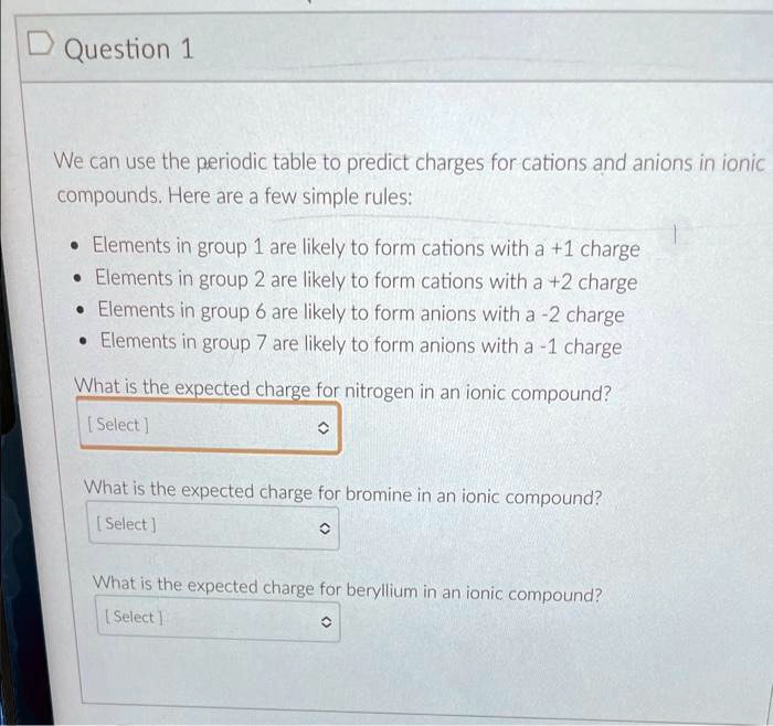 Question 1 We can use the periodic table to predict charges for cations and anions in ionic ...