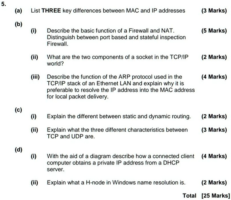 5. (a) List THREE key differences between MAC and IP addresses (3 Marks ...
