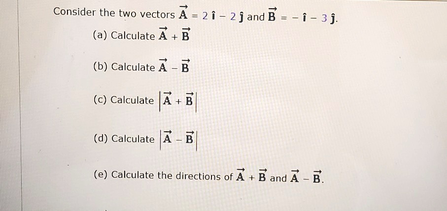 SOLVED: Consider the two vectors A = 2i - 2j and B = -fi - 3j. (a) Calculate âˆ£Bâˆ£ (b ...