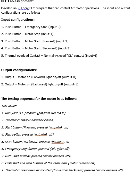 SOLVED: PLC Lab Assignment: AC Motor Control Program Develop an RSLogix ...