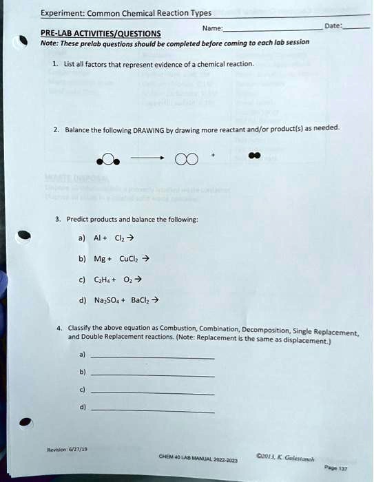 SOLVED: Experiment: Common Chemical Reaction Types Name: PRE-LAB ...