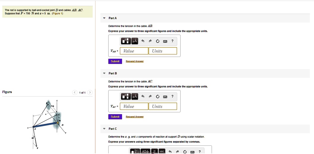 SOLVED: The rod is supporled by ball-and-socket joint D and cables AB ...