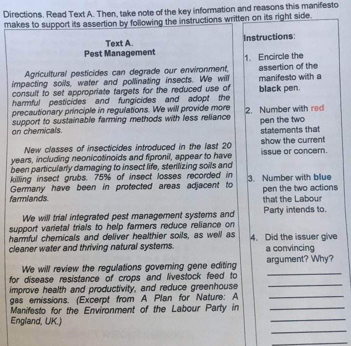 Directions. Read Text A. Then, take note of the key information and reasons this manifesto makes ...
