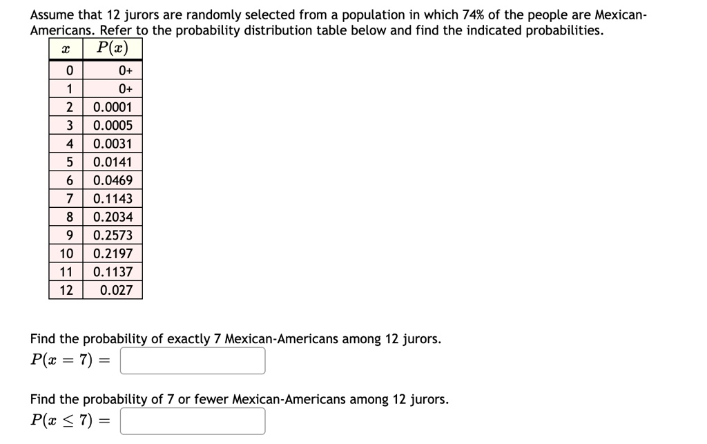 SOLVED: Assume that 12 jurors are randomly selected from a population in which 74% of the people ...
