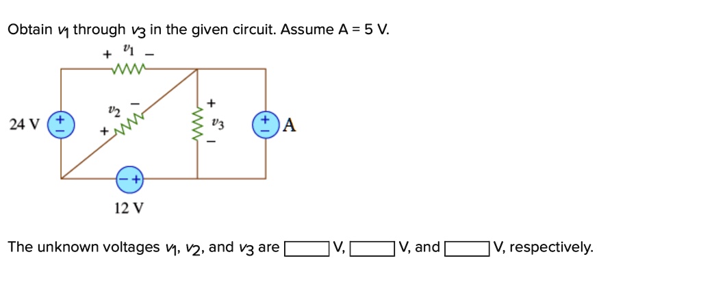SOLVED: Obtain v1 through V3 in the given circuit. Assume A = 5 V. V1 WWW 24 V 12 V The unknown ...