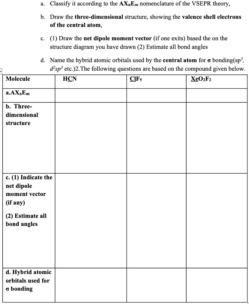 SOLVED: Classify it according to the AX, Em nomenclature of the VSEPR theory. Draw the three ...