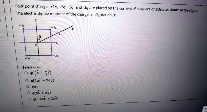 SOLVED:Four point charges +9, +2q, -2q, and-2q are placed on the corners of a square of side ...