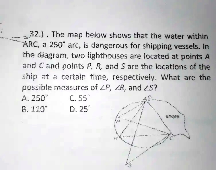 SOLVED: The map below shows that the water within ARC, a 250Â° arc, is ...