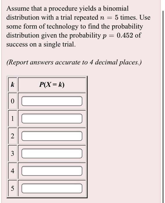 SOLVED: Assume that a procedure yields a binomial distribution with a ... SOLVED: Assume that a procedure yields a binomial distribution with a ...