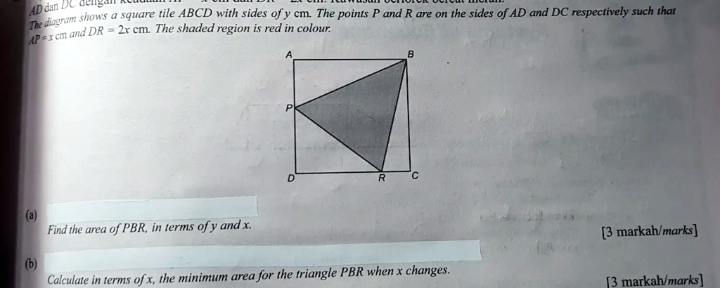 SOLVED: AD and DC are shown as square tiles ABCD with sides of y cm. The points P and R are on ...