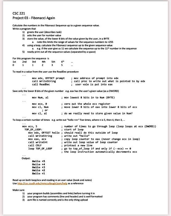 Solved Using Assembly Language Or Masm Csc 221 Project 03 Fibonacci Again Calculate The 7499