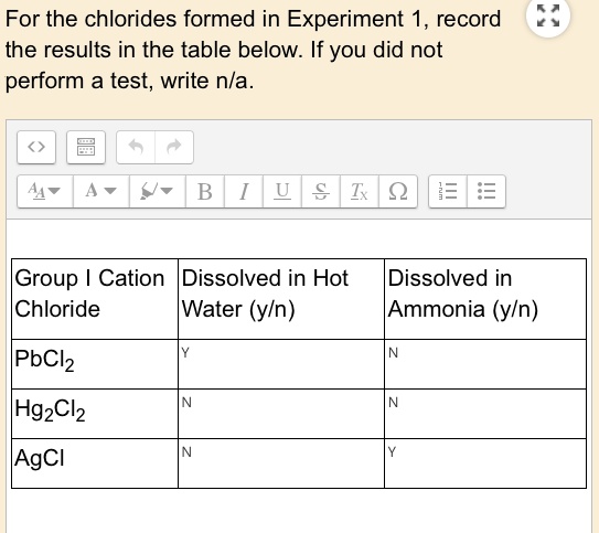 [GET ANSWER] for the chlorides formed in experiment 1 record the ...