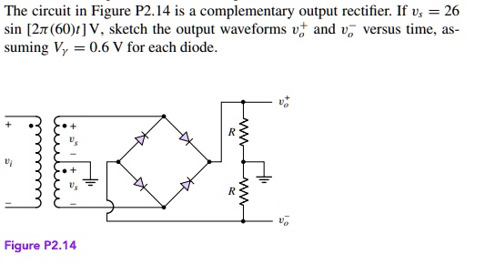 The circuit in Figure P2.14 is a complementary output rectifier. If vs = 26 sin[2π(60)t] V ...