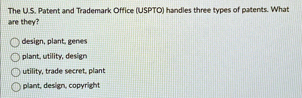 The U.S. Patent and Trademark Office (USPTO) handles three types of ...