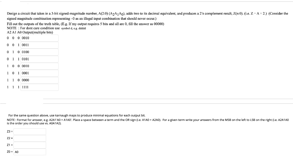 SOLVED: Values of z3, z2, and z1 please. Design a circuit that takes in a 3-bit signed-magnitude ...