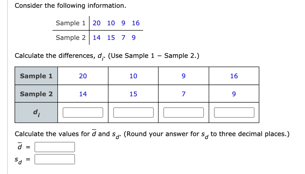SOLVED: Consider the following information Sample 1 20 10 16 Sample 2 ...