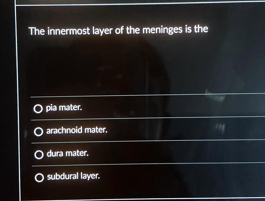 The innermost layer of the meninges is the ? pia mater. ? arachnoid ...