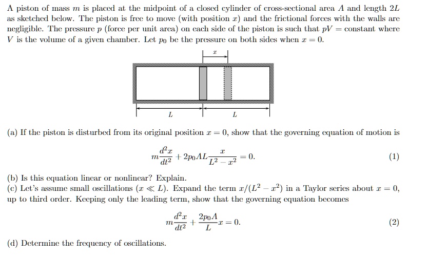 A piston of mass m is placed at the midpoint of a closed cylinder of ...