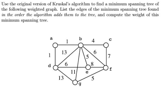 SOLVED: Use the original version of Kruskal's algorithm to find a minimum spanning tree of the ...