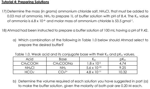 Tutorial 4: Preparing Solutions 17) Determine the mass (in grams) ammonium chloride salt, NH4Cl ...