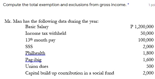 compute the total exemption and exclusions from gross income m man has ...