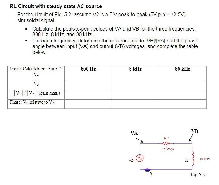 SOLVED: Title: RL Circuit with Steady-State AC Source For the circuit of Fig. 5.2, assume V2 is ...