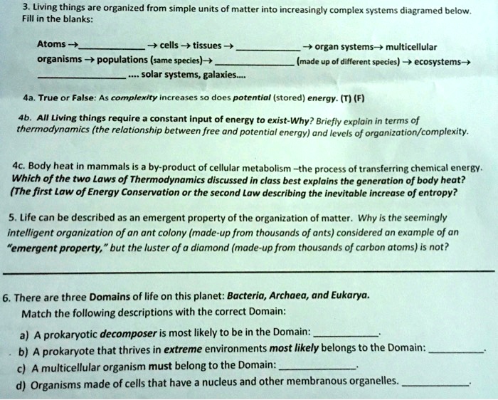 SOLVED:3. Living things are organized from simple units of matter into ...