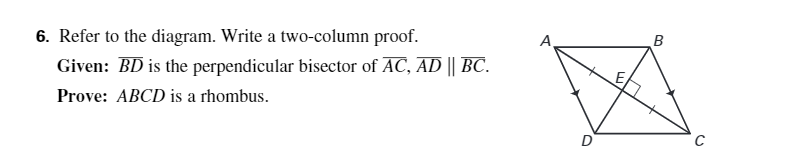 SOLVED: 6. Refer to the diagram. Write a two-column proof. Given: B D is the perpendicular ...