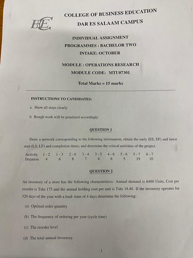 SOLVED: COLLEGE OF BUSINESS EDUCATION DAR ES SALAAM CAMPUS INDIVIDUAL ...