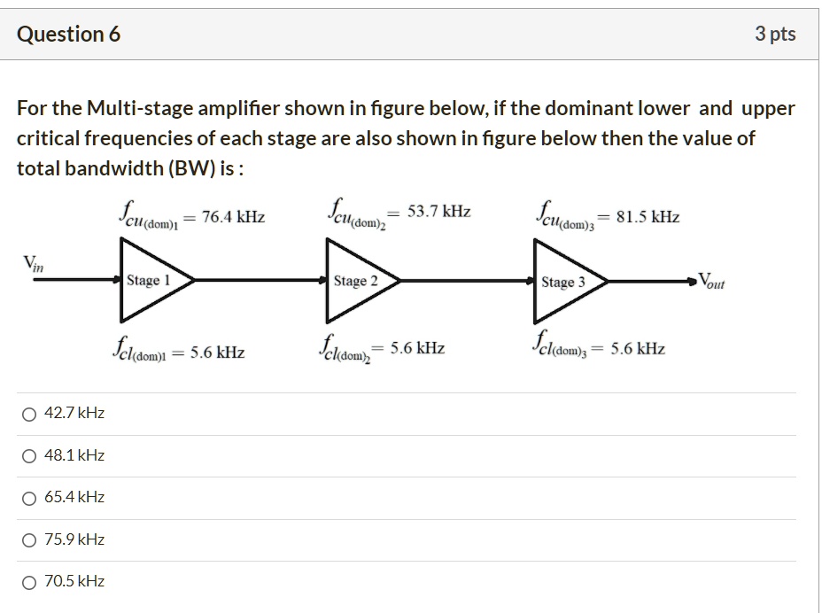 SOLVED: Question 6 3 pts For the Multi-stage amplifier shown in figure ... SOLVED: Question 6 3 pts For the Multi-stage amplifier shown in figure ...