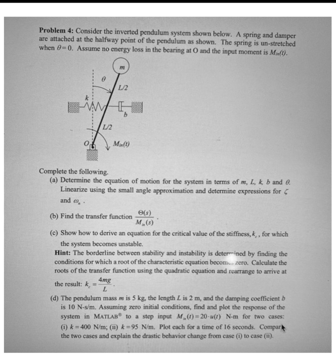 SOLVED: Problem 4: Consider the inverted pendulum system shown below. A ...