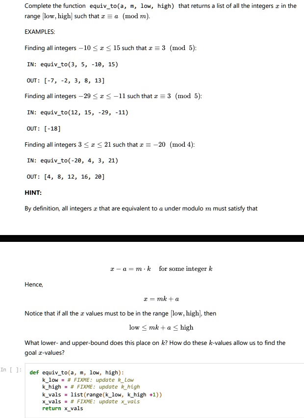 Complete the function equivto(a, m, low, high) that returns a list of ...