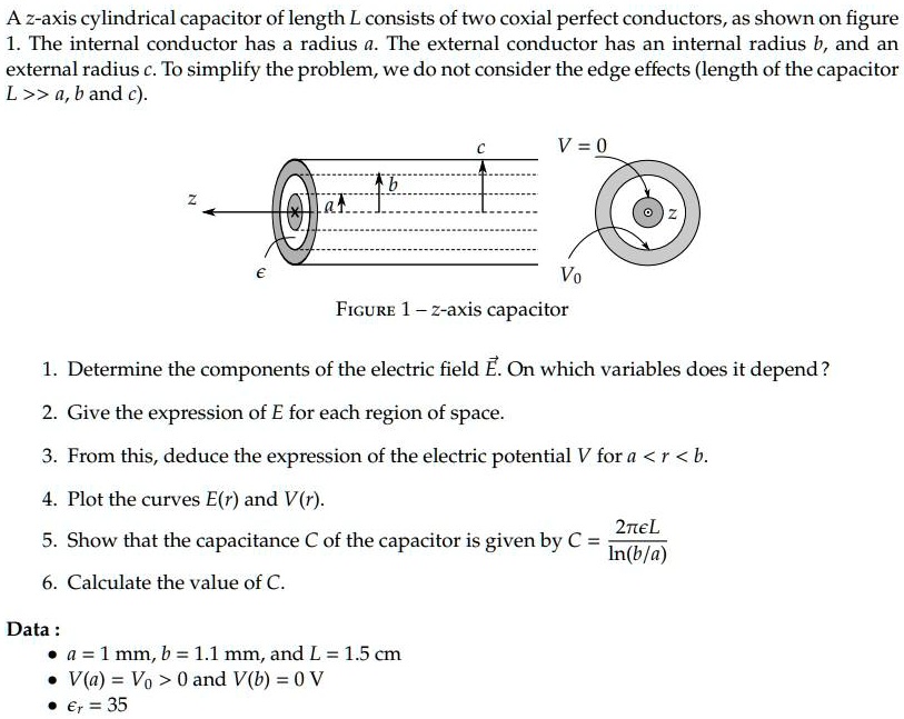 A z-axis cylindrical capacitor of length L consists of two coxial ...