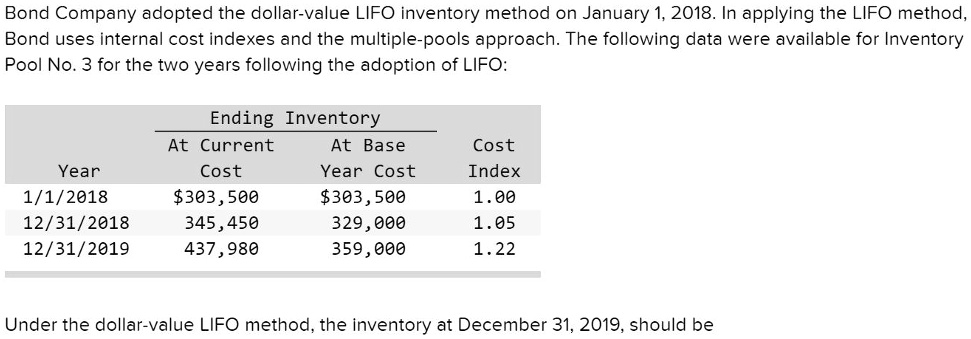 Bond Company adopted the dollar-value LIFO inventory method on January 1, 2018. In applying the ...