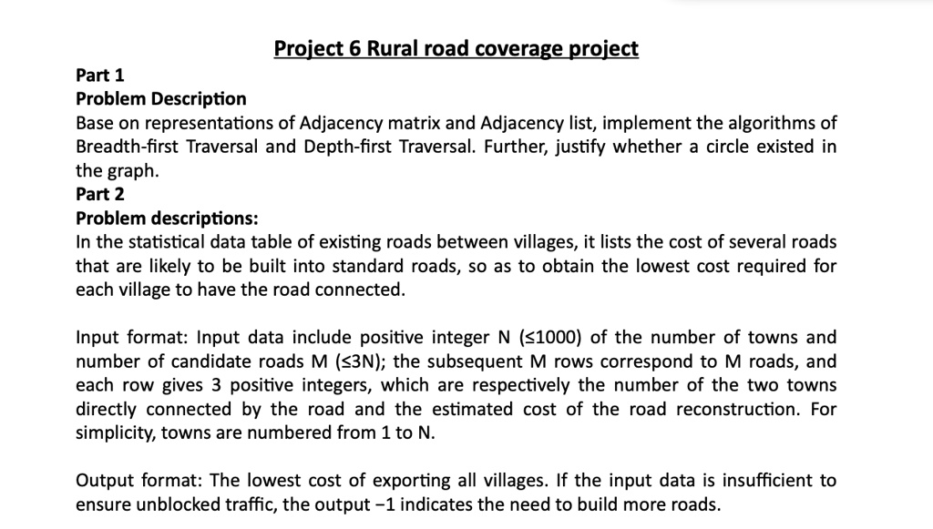 SOLVED: Project 6 Rural Road Coverage Project Part 1 Problem Description Based on ...
