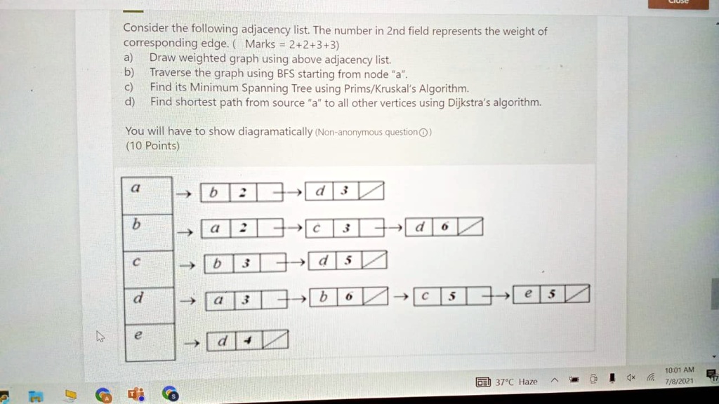 Consider the following adjacency list. The number in 2nd field represents the weight of ...