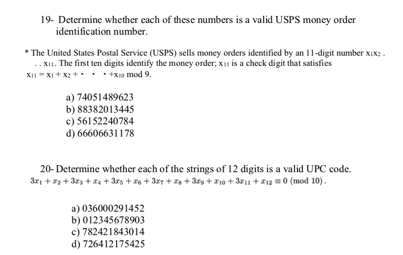 19- Determine whether each of these numbers is a valid USPS money order ...