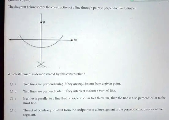 The diagram below shows the construction of a line through point P perpendicular to another line ...