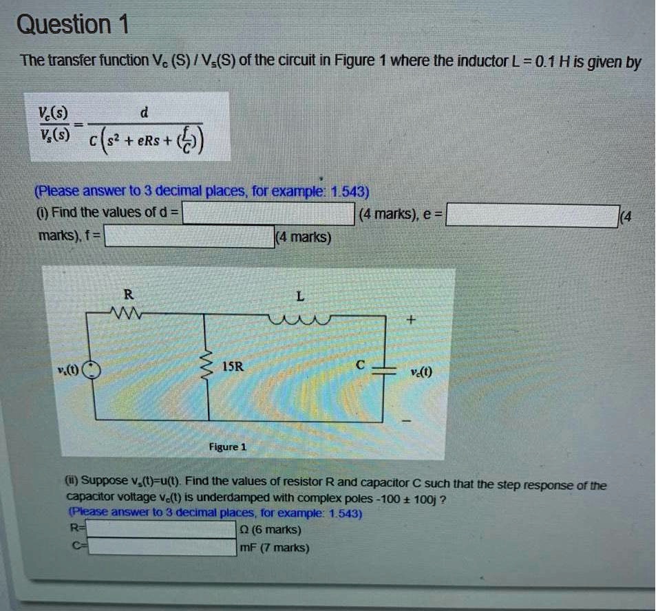 SOLVED: Question 1 The transfer function Vc(s)/Vs(s) of the circuit in Figure 1 where the ...